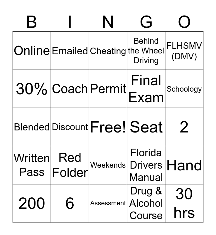 Driver Education Syllabus BINGO Card