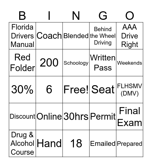 Driver Education Syllabus BINGO Card