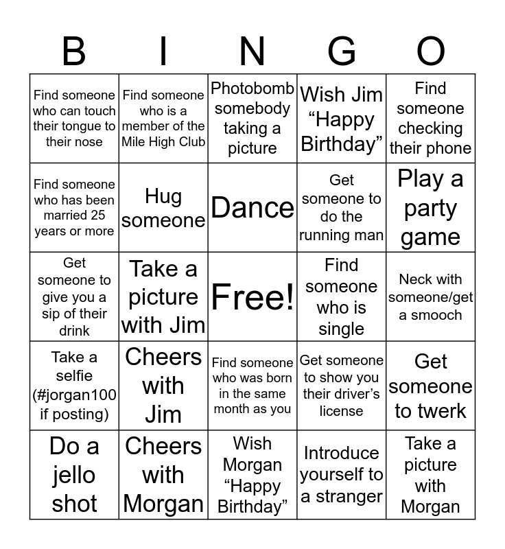 JORGAN'S 100 BINGO Card