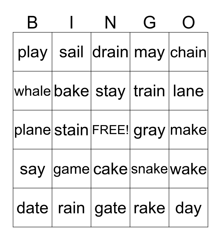 Long A Bingo Card