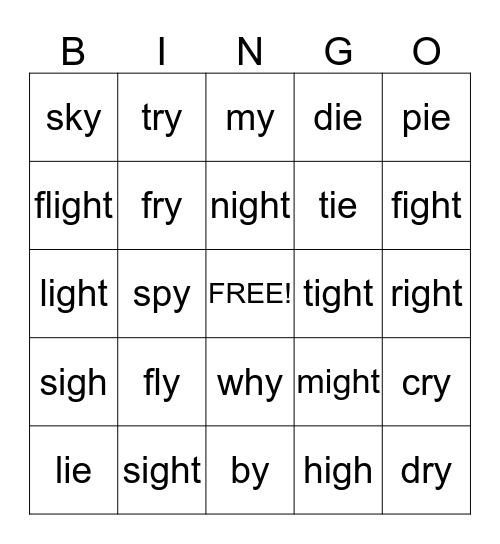 Long I Vowel (igh, y, ie) Bingo Card
