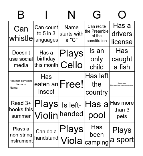 Orchestra Bingo Card