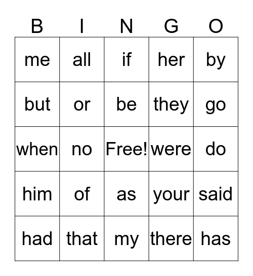 Kindergarten List Bingo Card