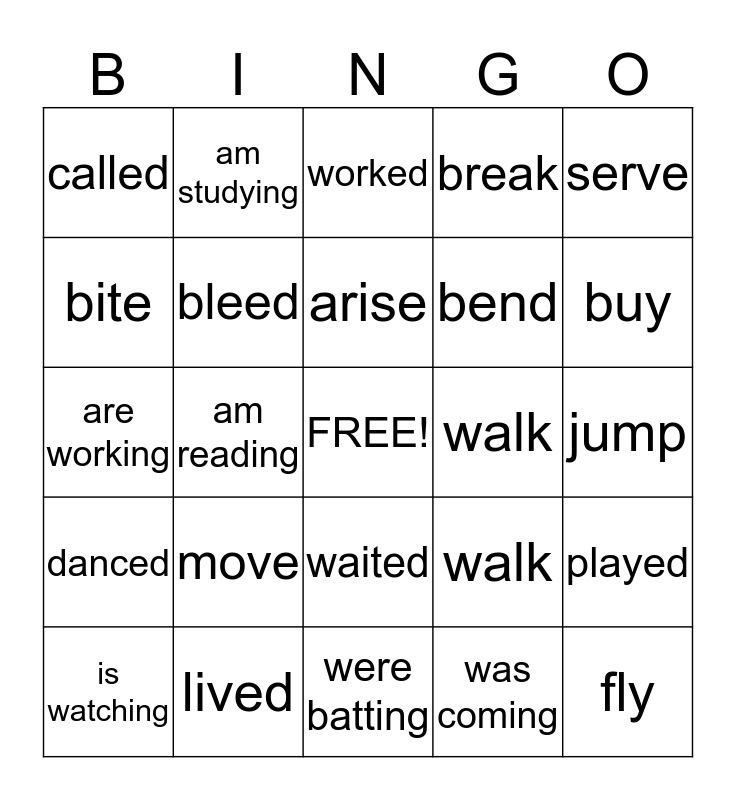 VERB BINGO CARD Bingo Card