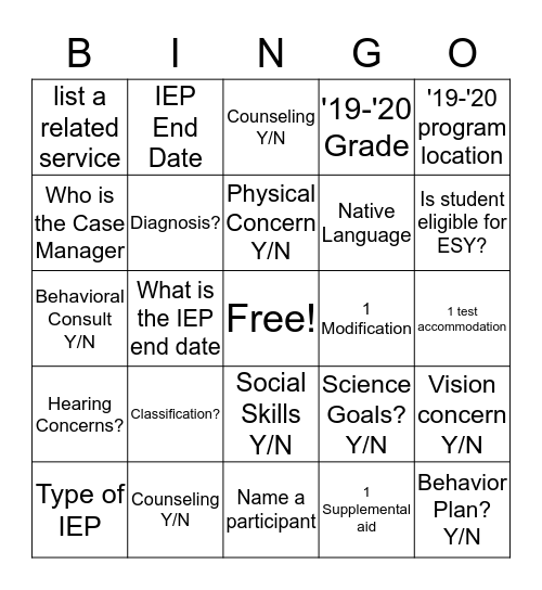 IEP Bingo Card IEP Bingo Card