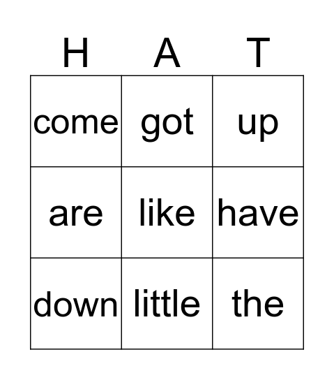 "The Hat" Word Power Words Bingo Card