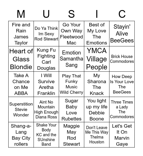 Top 100 70 s Bingo Card