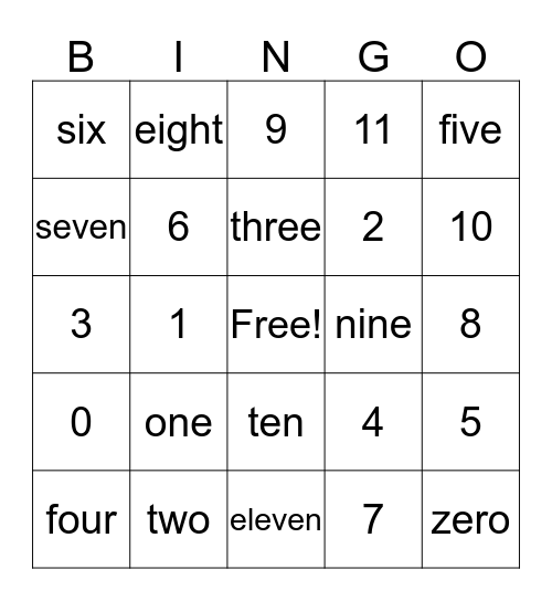 Word and Number Recognition Bingo Card