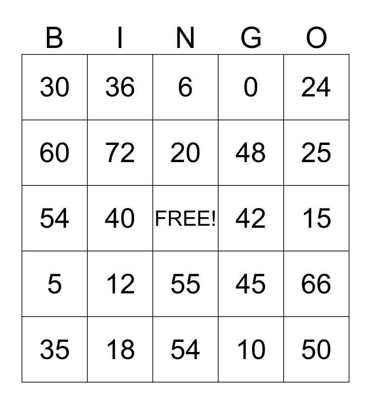 Multiplication 5s and 6s Bingo Card