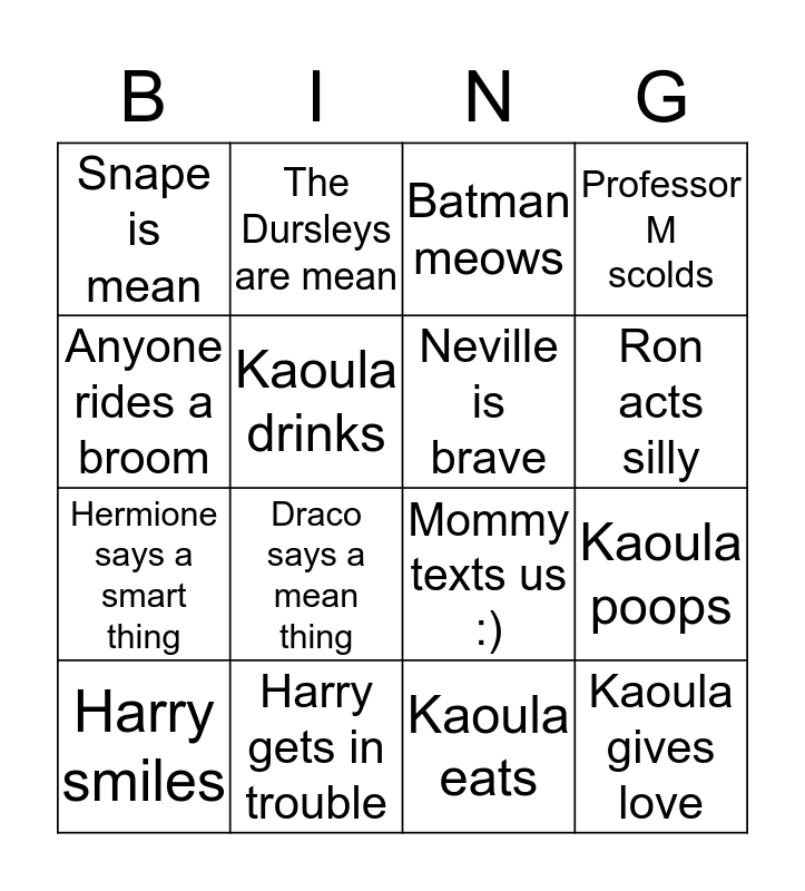 Kaoula and Steve's Harry Potter Bingo Card