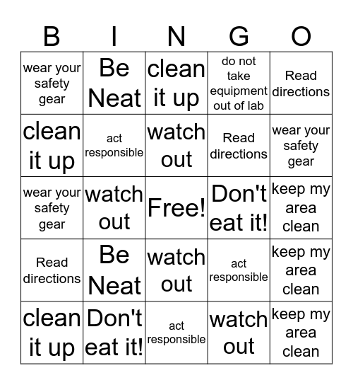 Science Safety Bingo Card