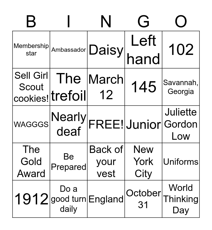 Girl Scout Trivia Bingo Card