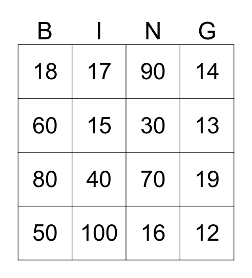 Numbers (teen + ty) Bingo Card