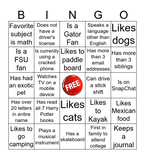 Human Scavenger Hunt Bingo Card