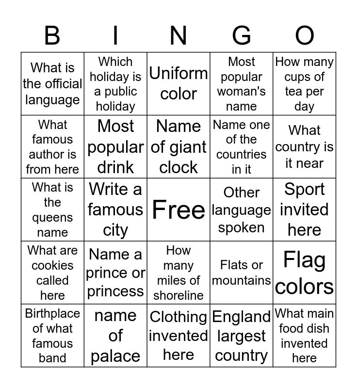 Great Britain Bingo Card