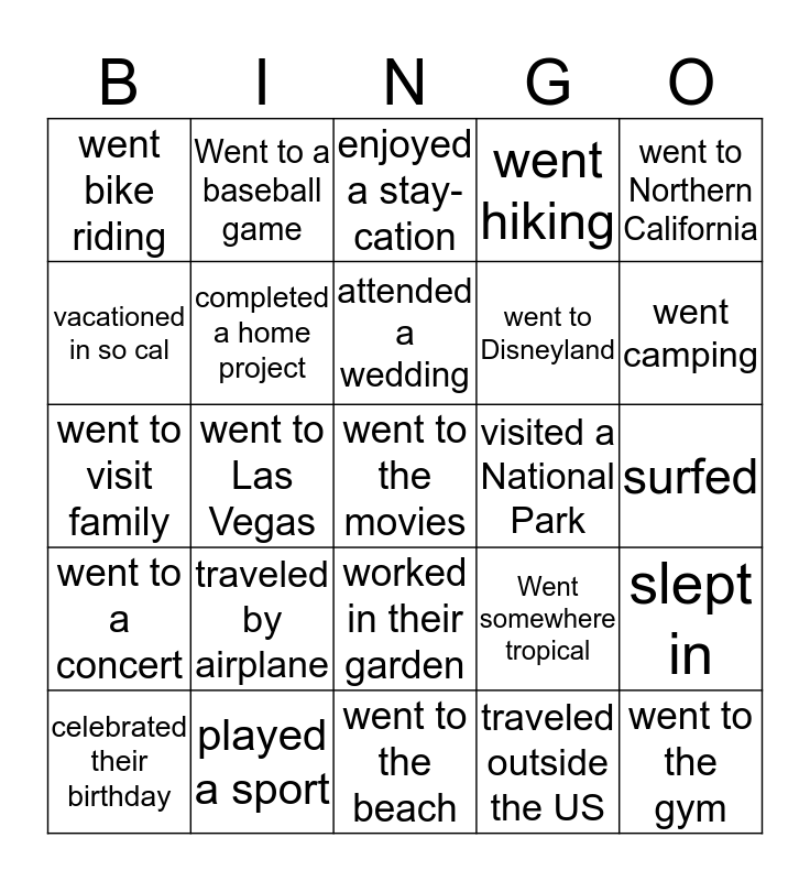 Vacation Bingo Card