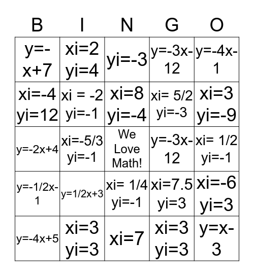 Standard Form of a Linear Equation Bingo Card