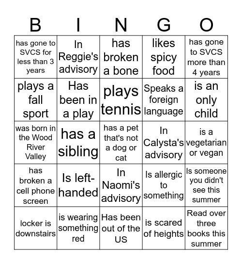 8th Grade Bingo Card
