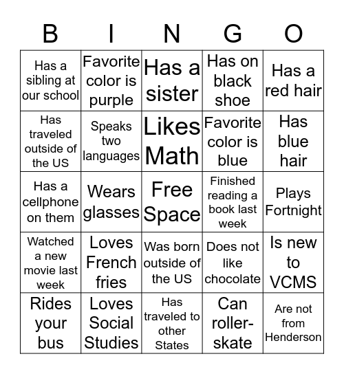 STUDENT BINGO- Find Someone who... Bingo Card