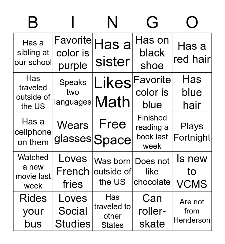 STUDENT BINGO- Find Someone who... Bingo Card