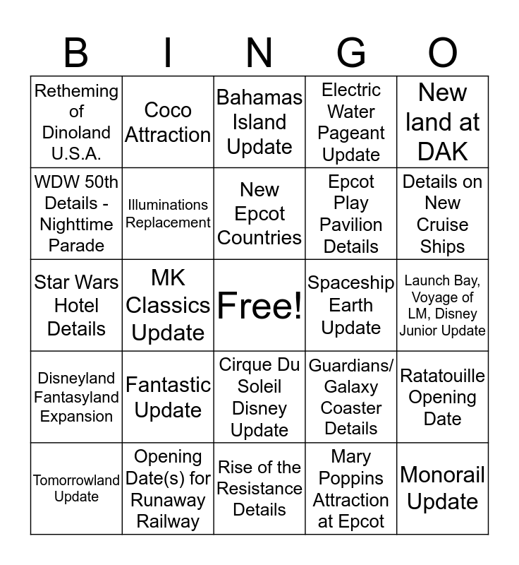 D23 Parks Panel Bingo Card