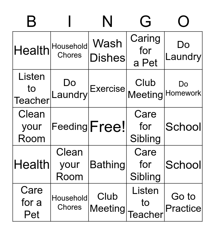 Responsibility Bingo Card