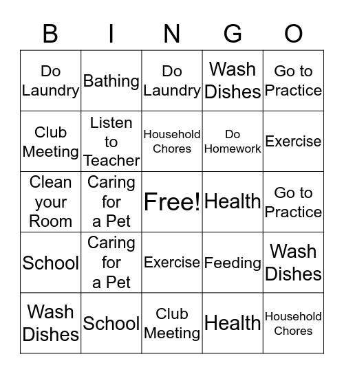 Responsibility Bingo Card