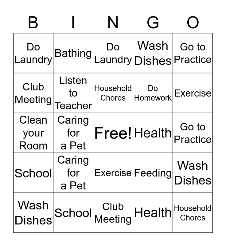 Responsibility Bingo Card