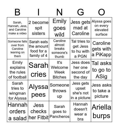 Welcome Week Bingo Card