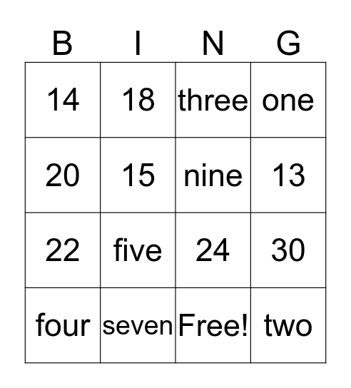 Number 1-30 Bingo Card