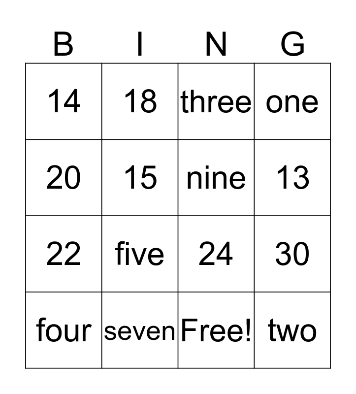 Number 1-30 Bingo Card