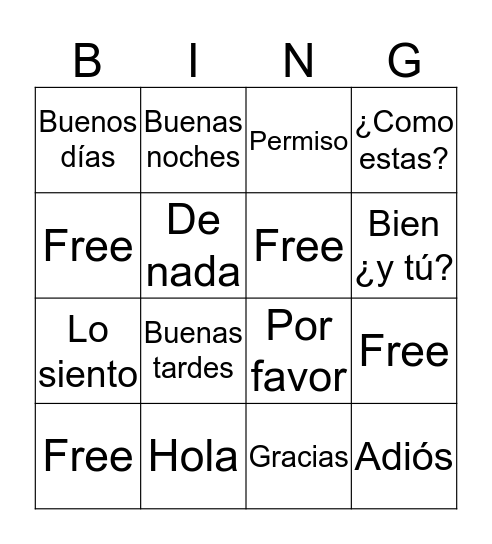 Greetings, Farewells and Courtesy Expressions Bingo Card