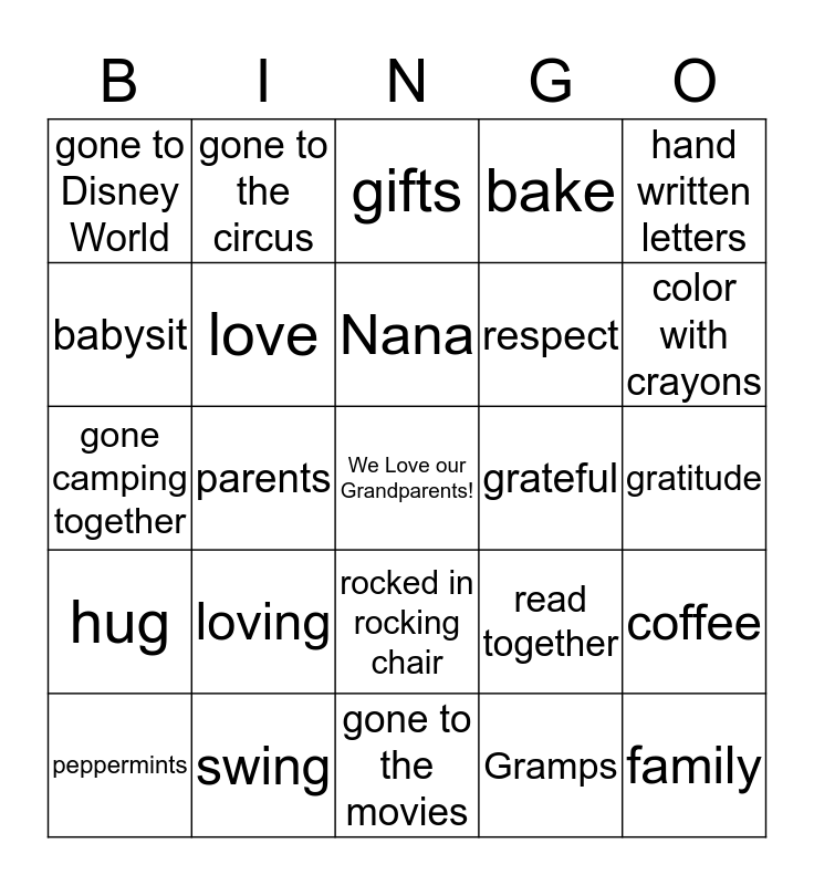 Grandparents' Day Bingo Card