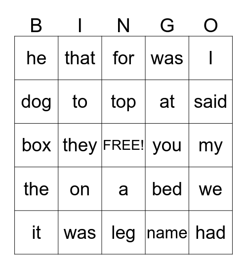 Kindergarten Sight Word Bingo Card
