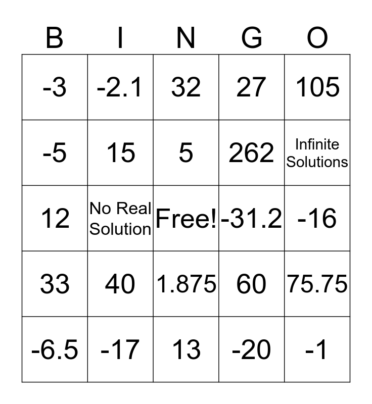 Math Equation Bingo Card