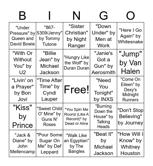 BINGO SINGO '80s Bingo Card