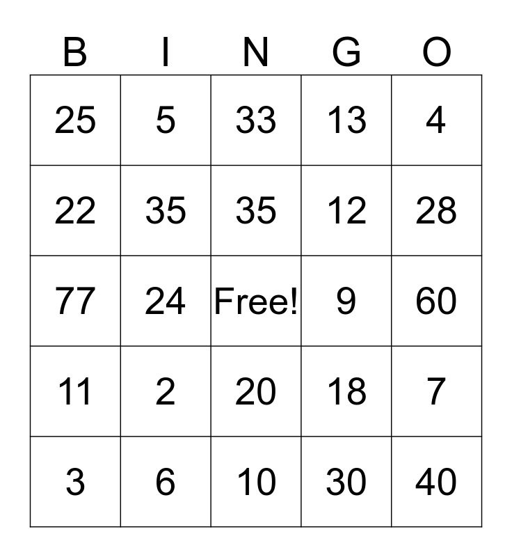 GCF and LCM Bingo Card