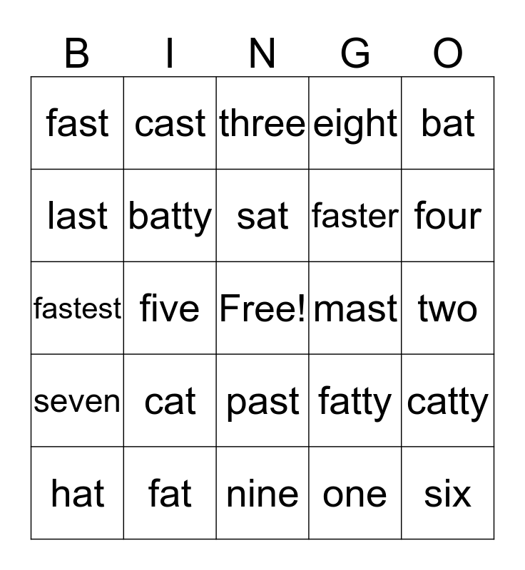 Spelling Word Bingo Card