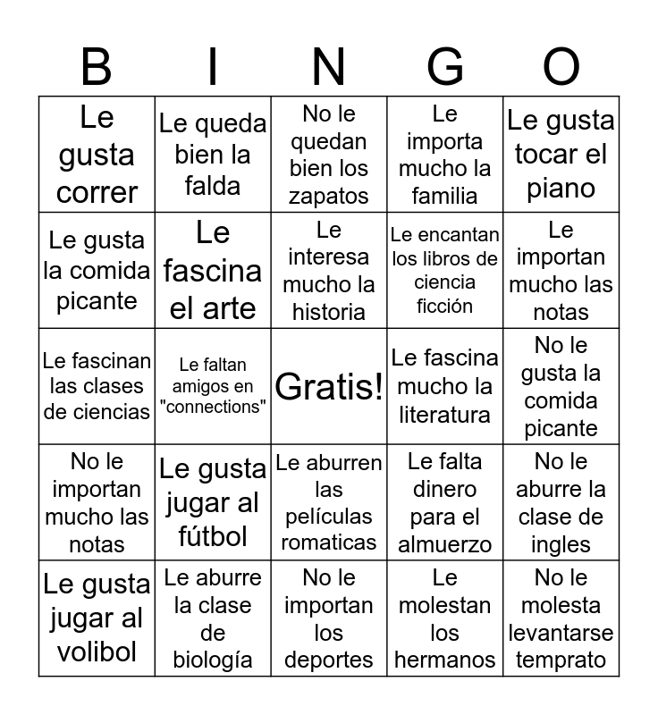 Los verbos como gustar Bingo Card