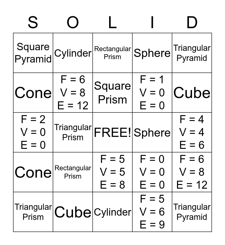 3-D Solids Bingo Card