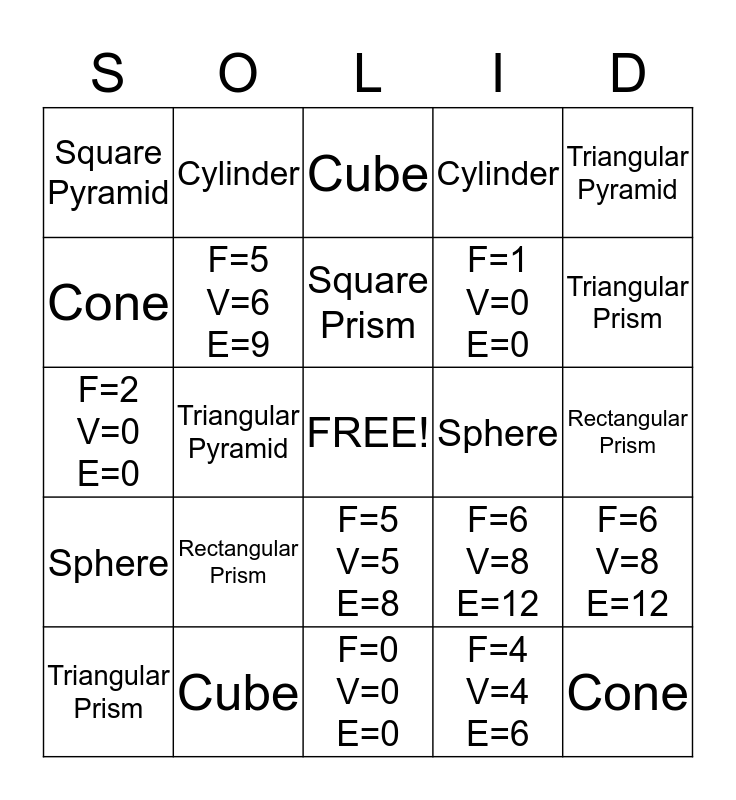 3-D Solids Bingo Card