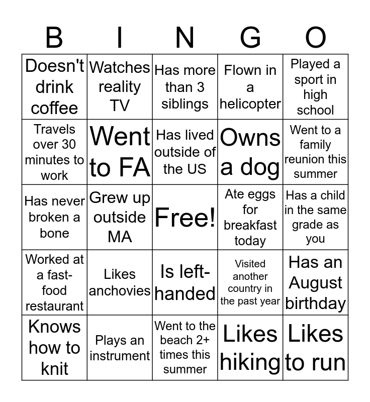 FA Parent Bingo 2 Bingo Card