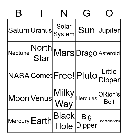 Astronomy Bingo Card