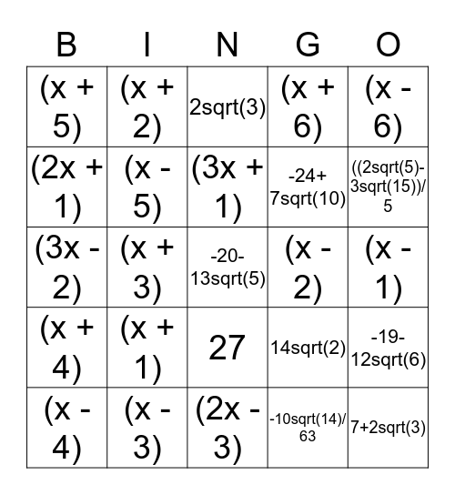Math Review Bingo Card