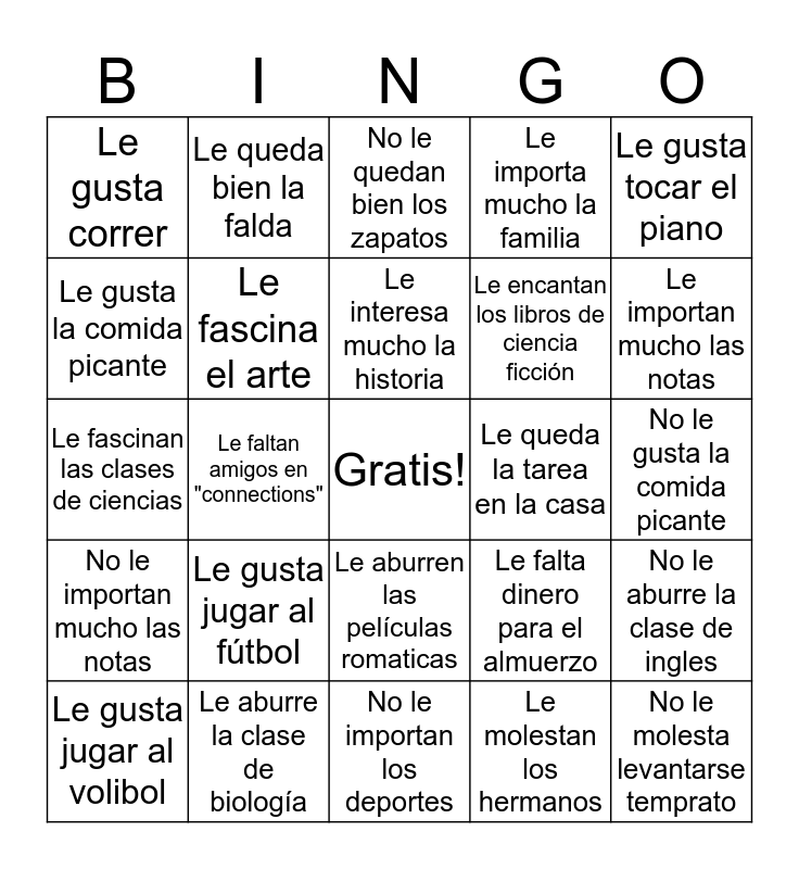 Los verbos como gustar Bingo Card