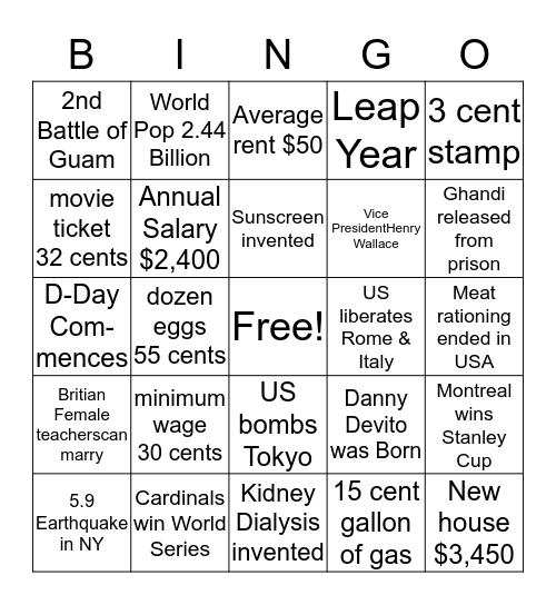 1944 BINGO Card