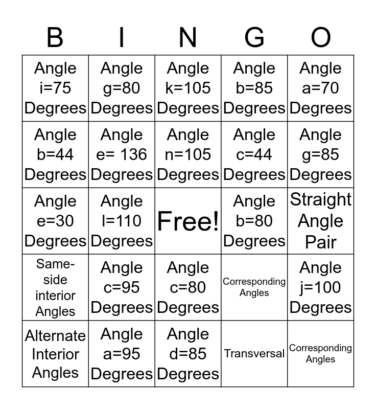Angle Bingo Bingo Card