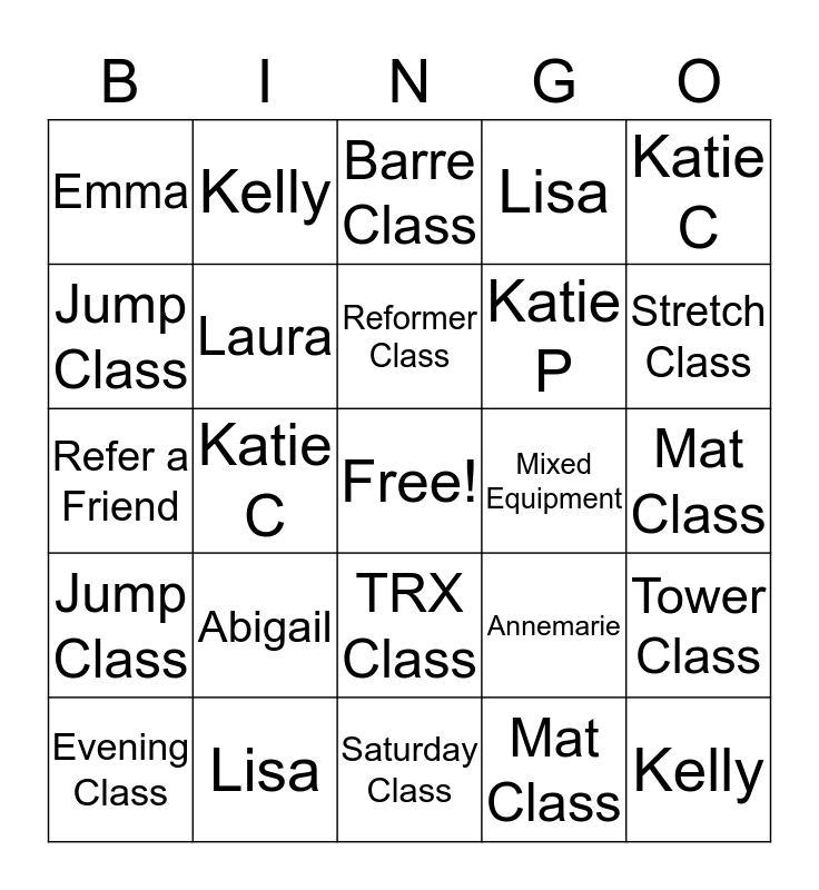 Breathe Pilates Bingo Card