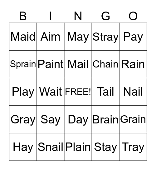 long a words (ay, ai) Bingo Card
