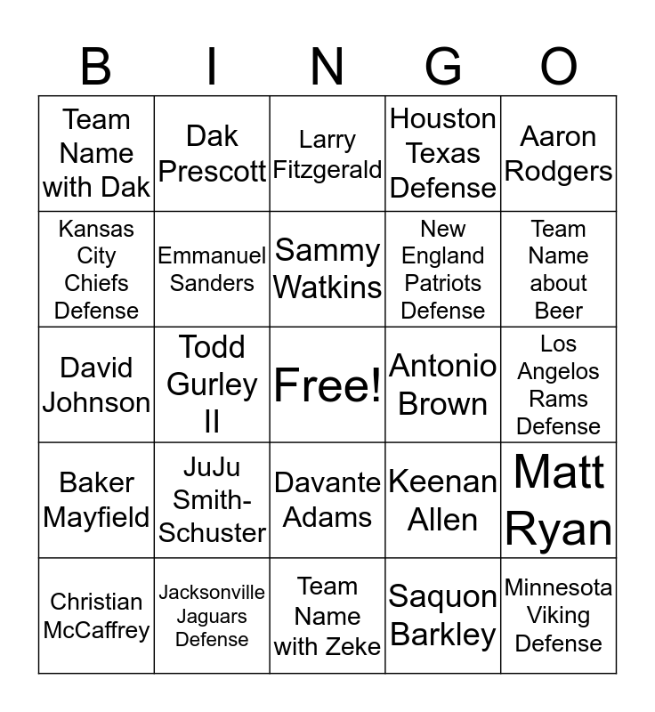 Fantasy Football Draft Day Bingo Card